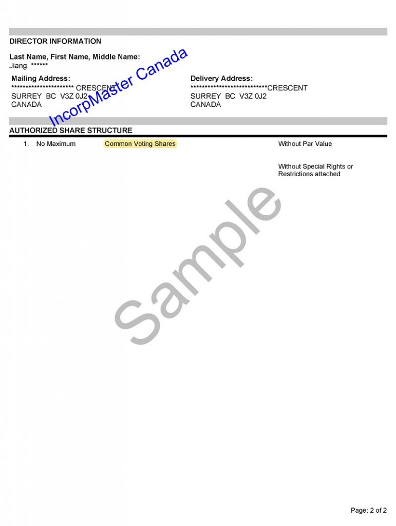 Sample of Basic Articles of Incorporation BC - Nuans Canada
