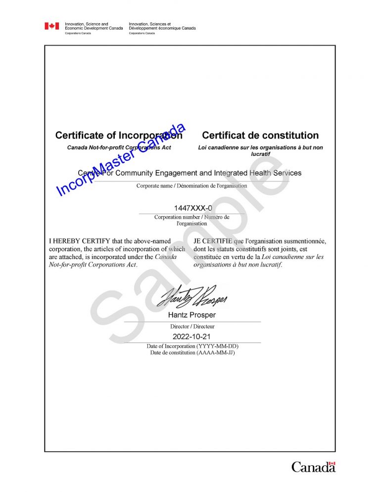 Sample of Certificate of Incorporation - Nuans Canada